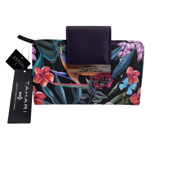 Tahari | Bags | Tahari Wallet With Tropical Floral Colors Black Purple ...